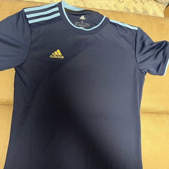 adidas | Tops | Adidas Navy Blue Tshirt With Light Blue Stripes Size ...